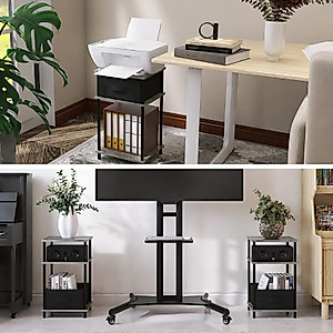 End Table Set of 2, Small Side Tables with Storage Shelf and Fabric Drawer, Bedside Nightstand for Small Space Accent Table Desk Bed Side Shelf Night Stand for Bedroom, Living Room, Metal Pole, Grey