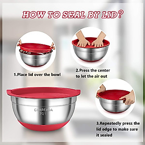 CHAREADA Mixing Bowls with Airtight Lids, 18pcs Stainless Steel Nesting Colorful Mixing Bowls Set Non-slip Silicone Bottom, Size 7, 5.5, 4, 3.5, 2.5, 2, 1.5 qt, Fit for Mixing & Serving