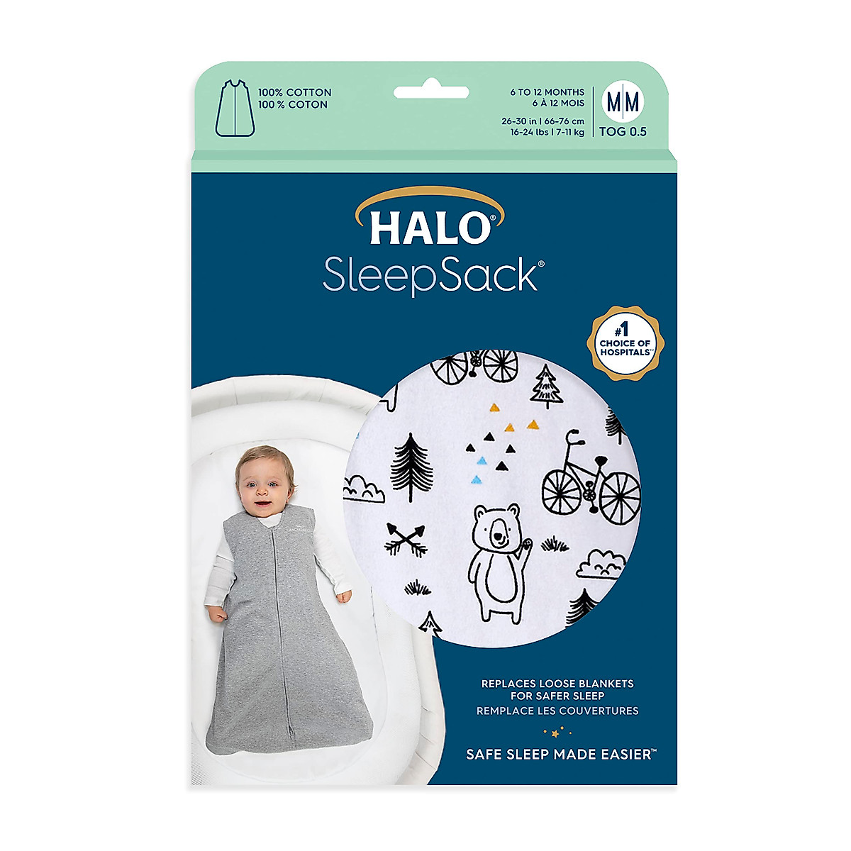 HALO SleepSack, 100% Cotton Wearable Blanket, Swaddle Transition Sleeping Bag, TOG 0.5, Huggy Bears, Large, 12-18 Months