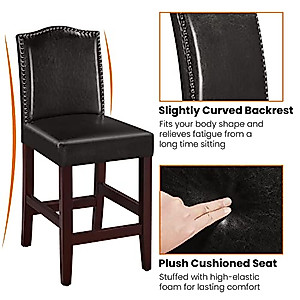 Yaheetech Bar Stools Kitchen Counter Height Stools 25 Inch High Back Leather Pub Chairs Wood Wooden Barstools Brown, 2PCS (Package 1)