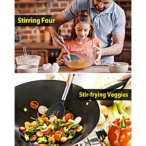 2 Pcs Silicone Cooking Spoons, Solid and Slotted Spoon Set, Non-Stick BPA Free Heat-Resistant Basting Kitchenware for Soup, Serving, Draining, Stirring（Black）