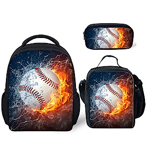 INSTANTARTS Fire Baseball Shoulder Backpack Kindergarten Set Pencil Bag with Lunch Box,Combustion