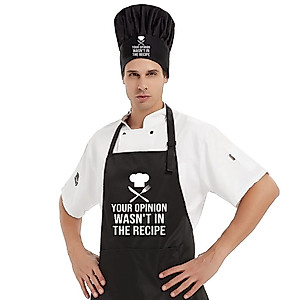 DYJYBMY Your Opinion Wasn't in The Recipe Chef Hat and Apron Set, Funny Cooking Grilling Apron Gift for Men Woman Dad Mom, Gift for Dad, Husband, Boyfriend, Chef, Adjustable Size