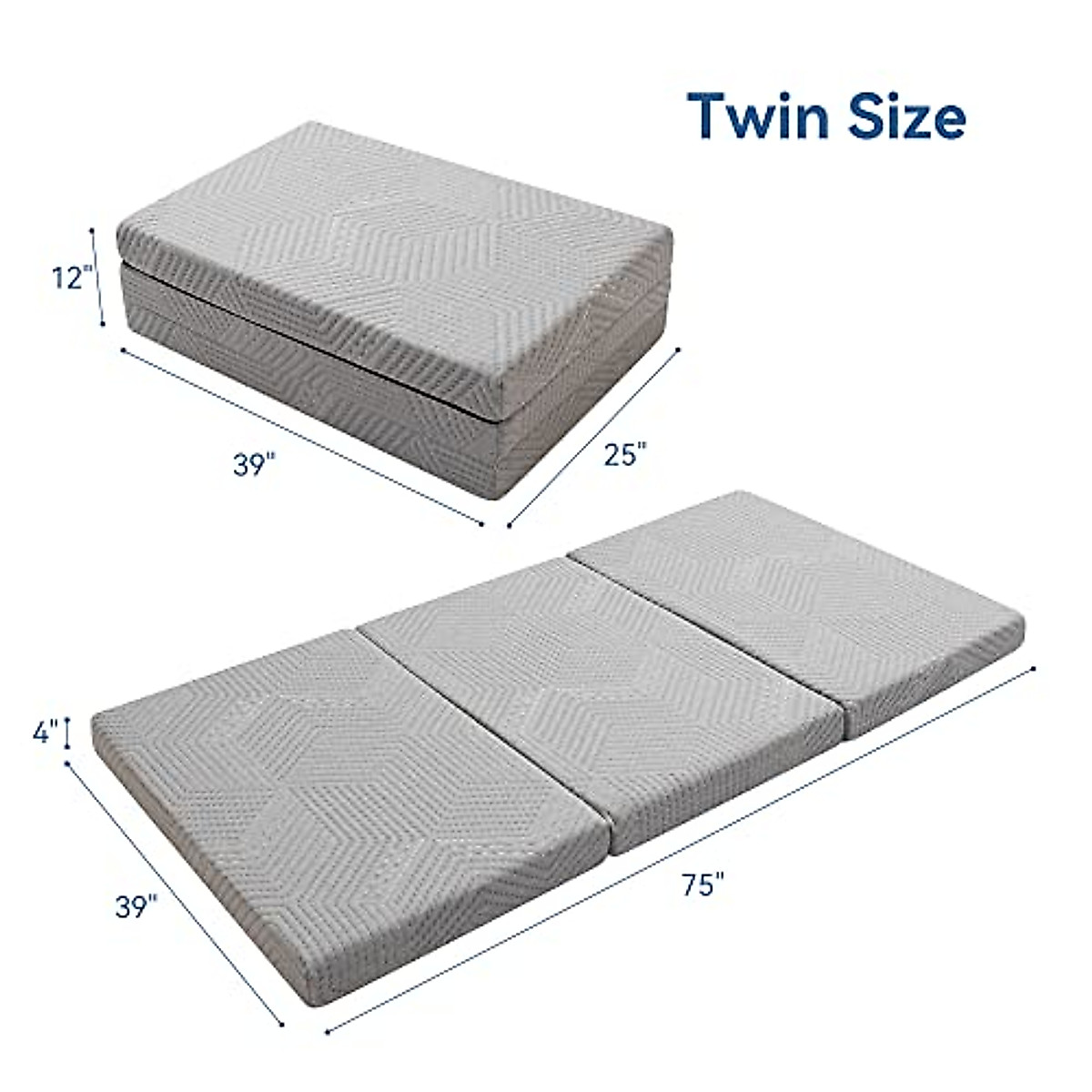 Vyfipt Tri Folding Mattress Twin Size,4 Inch Foldable Memory Foam Mattress Topper, Portable Bed,Guest Bed, Camping Bed,Travel Mat for Adults & Kids, Fold Up Pad 75"×39"×4", Grey (Twin)