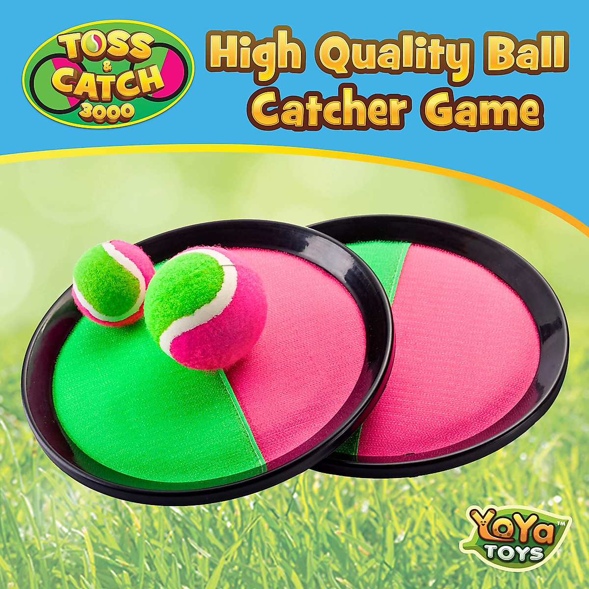 YoYa Toys Toss and Catch Ball Game Upgraded Set - Outdoor Kids Sports Activities - Outside Fun Summer Toy for Beach, Backyard, Park, Yard Lawn, Camping for Ages 4-12, 2 Catch Paddles, 2 Sticky Balls