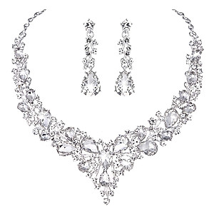 Molie Bridal Austrian Crystal Necklace and Earrings Jewelry Set Gifts fit with Wedding Dress(Clear)