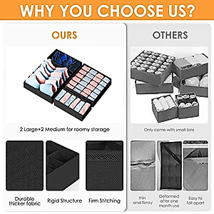 Criusia 4 Pack Sock Underwear Organizer Dividers, 44 Cell Drawer Organizers for Clothing, Foldable Closet Organizers and Storage for Bras, Socks, Underwear, Ties (Black)