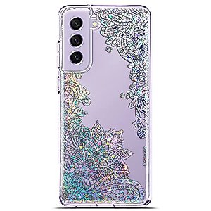 Coolwee Clear Glitter for Galaxy S21 FE Case Thin Flower Slim Cute Crystal Lace Bling Shiny Women Girl Floral Plastic Hard Back Soft TPU Bumper Protective Cover for Samsung Galaxy S21 FE Mandala Henna