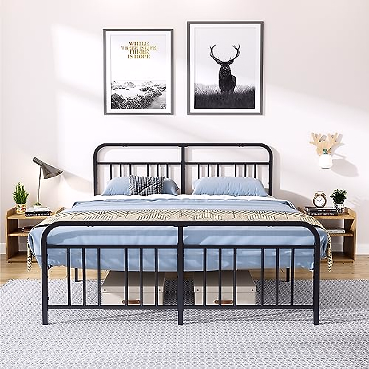 12in Queen Metal Bed Frame, Heavy Duty Platform Bed No Box Spring Needed,Queen Size Solid Steel Bed with Headboard and Footboard Support for 1100LBS, Noise Free, Easy Assembly,Black
