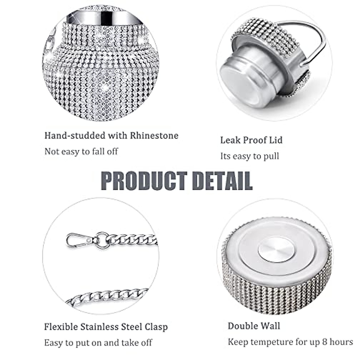 RLMOON Bling Water Bottle Rhinestone Diamond Stainless Steel Glitter Insulated Bottle Vacuum Flask Sparkling Thermal Bottle with Chain Refillable Water Bottles for Women