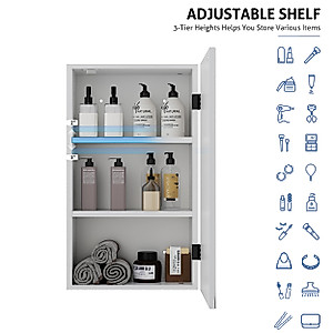 eclife 24" Bathroom Medicine Cabinet W/Mirror, Single Door Bathroom White Wall Mount Mirror Cabinet, Hanging Triple Shelf Storage Cabinet Opens Left and Right