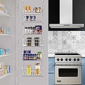 Judecude 6-Tier Over the Door Pantry Organizer, Hanging Storage Metal Rack with 6 Adjustable Medium Basket, Closet Organization Kitchen Spice Rack with Adhesive Clips, White