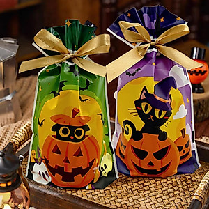 VIFOME 24 Pcs Halloween Goodie Bags Trick or Treat Bags Cat and Pumpkin Candy Bags Plastic Bags with Ribbons for Gift Wrapping Halloween Party Decoration