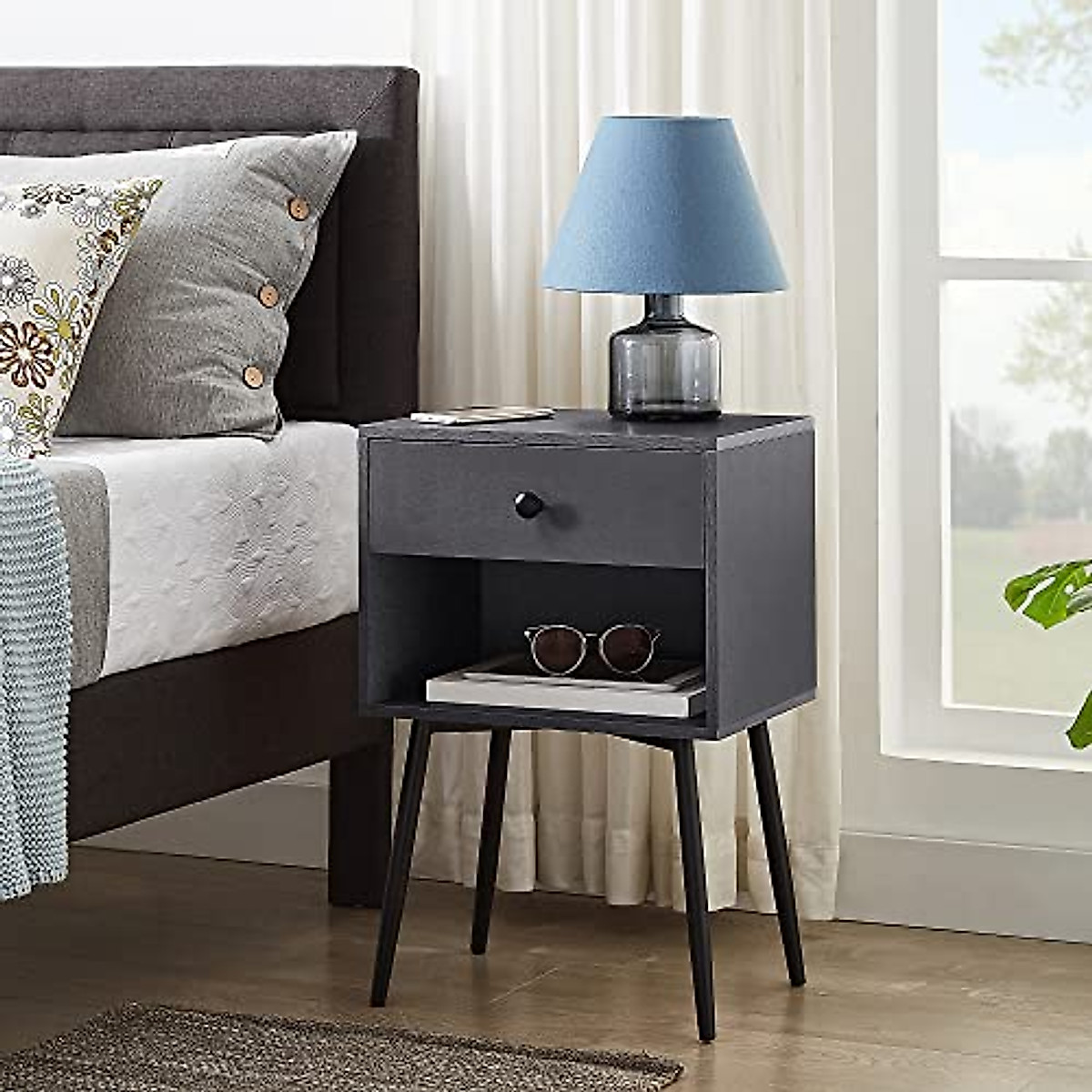 VECELO Nightstands Set of 2 Industrial 2-Tier Night Stand/Side Table with Drawer, Wood Mid Century End Tables for Small Places, Bedrooms, Living Room, Home, Farmhouse,Gray