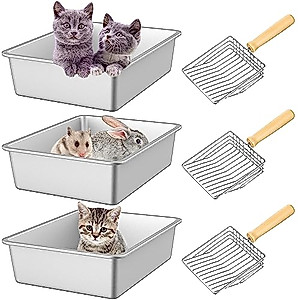 Zhehao 3 Pcs Stainless Steel Cat Litter Box with 3 Pcs Wood Handle Cat Litter Scoop, 15.8 x 11.8 x 3.9 Inch Metal Litter Box Rustproof Non Stick Cat Pan with Deep Cat Scooper for Bunny Kitten Kitty