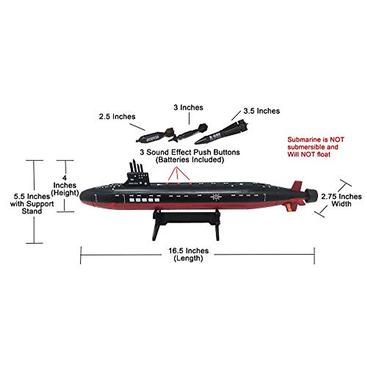16.5 Inch Toy Black Submarine with Sound Effects and Torpedo