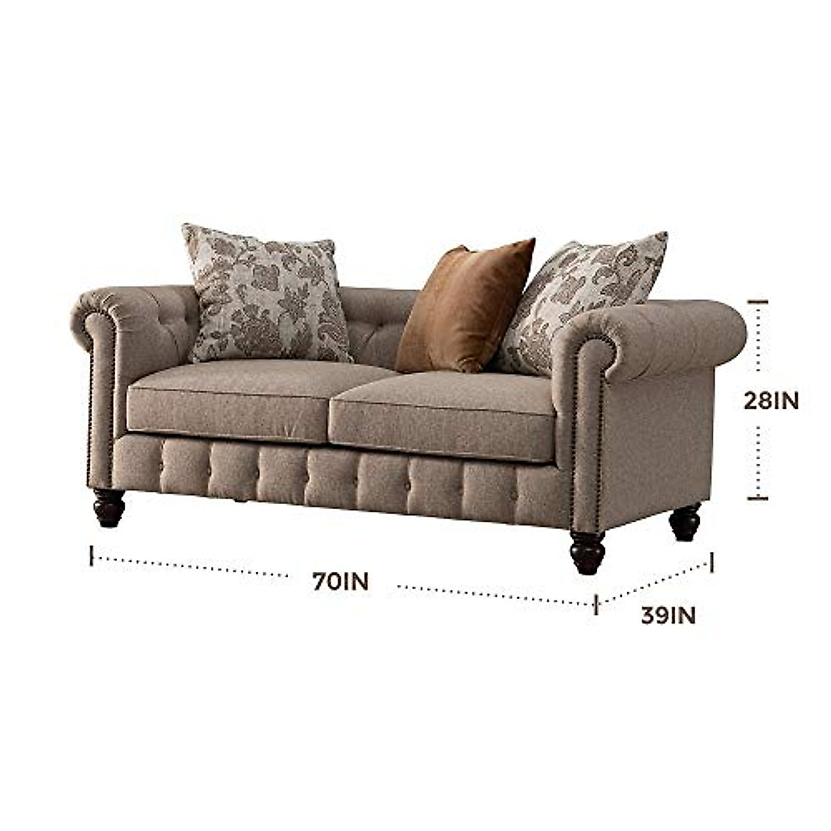 Acanva Chesterfield Tufted Sofa with Scroll Arms, Nailhead Trim Linen Upholstered, 70" W Loveseat, Brown