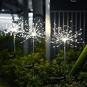 Garden Decorative Flowers Firework Lights Solar Powered 120 LED 40 Copper Wire DIY Waterproof Landscape Stake Light for Halloween, Christmas, Patio Yard Pathway Lawn Party Decor(White, 2 Pack )