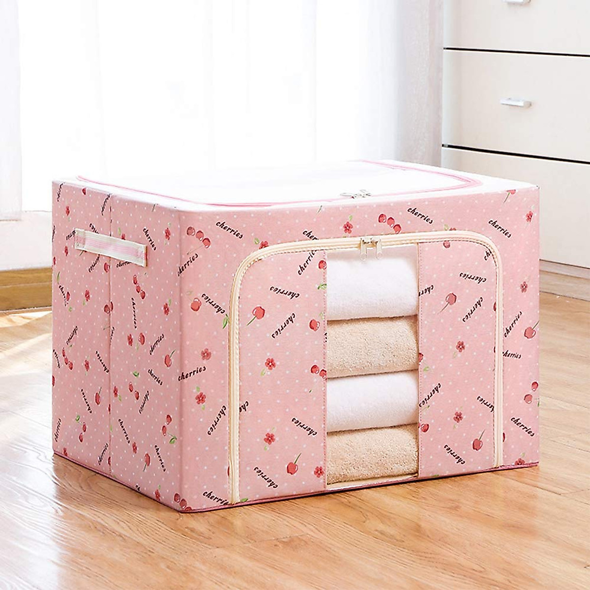 Storage Bins Boxes, Foldable Storage Bag-Capacity 72 L, Steel Frame Support Clothing Storage Bag, Quilt Collection Bag, Clothing Storage Bag With Transparent Window (Storage Bag - 1 Pack) (Pink)