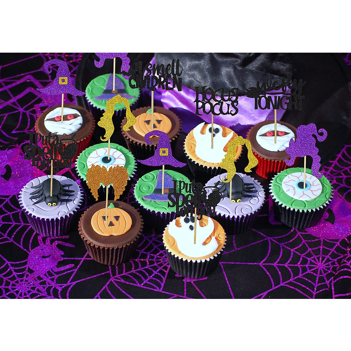 40Pcs Hocus Pocus Cupcake Toppers, I Put A Spell on You, I Smell Children Cupcake Toppers, Halloween Hocus Pocus Baby Shower Gender Reveal Party Decorations, Halloween Birthday Party Decorations