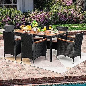 Flamaker 7 PCS Outdoor Patio Dining Set, Outdoor Patio Furniture Set, Rattan Chairs with Large Wood Table for Garden and Yard