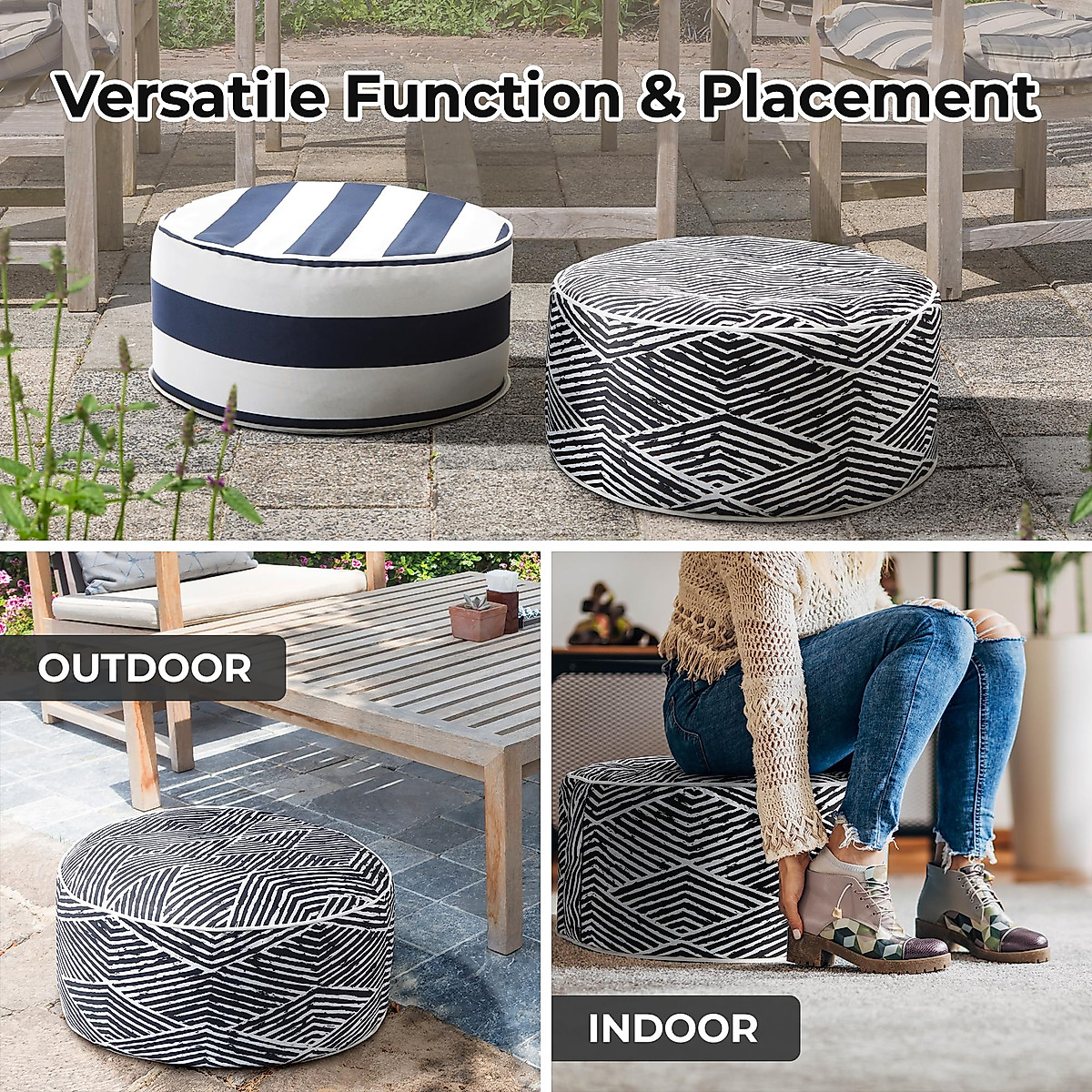 510 Design Inflatable Ottoman Stool Portable Round Pouf, Handle, Inflatable Foot Rest, Weatherproof & Water Repellent Indoor/Outdoor Ottomans for Patio Garden, Camping, Pool, D21 x 9" H, Black/White