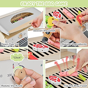 HONEY JOY Kids Pretend Barbecue Grill Playset, Wooden BBQ Toy Set w/ 17 Play Food& Cooking Accessories, 4 Solid Wood Legs, Interactive Kids Kitchen Playset Gift for Toddler Boys & Girls Age 3+