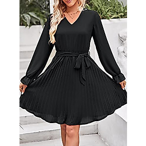 PRETTYGARDEN Women's Casual Fall Dresses Long Puff Sleeve V Neck Pleated Ruffle Flowy Belted Dress (Black,X-Large)