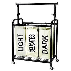 Oceanstar 3-Bag Rolling Laundry Sorter with Adjustable Hanging Bar, White