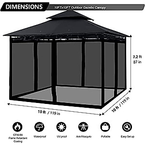 Mosquito Net for Outdoor Patio and Garden, Screen House for Camping and Deck, Zippered Mesh Sidewalls for 10x 10' Gazebo and Tent,Outdoor Gazebo Screenroom, (Black)…