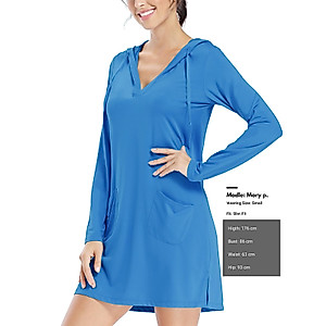 Willit Women's Long Sleeve Cotton Swim Cover Up UPF 50+ SPF Dress Hooded with Pockets Sun Protection Beach Coverup Brilliant Blue M