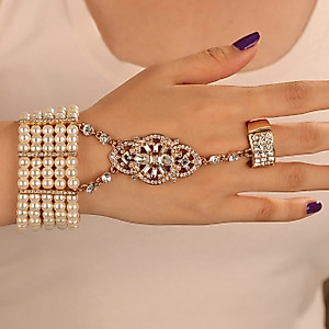 YERTTER Vintage Flapper Pearl Stretch Link Gold Rhinestone Ring Bracelet 1920s Hand Chain Accessories for Weddindg Brides Party Adjustable Bracelet