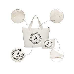 Binggemen Personalized Initial Canvas Tote Bag with Zipper, Present Bag with Inner Pocket & Make Up Bag, Great Gifts for Women, Mom, Teachers, Friends, Bridesmaids