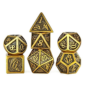 HYMGHO Polyhedral Metal DND Dice Set with Metal Box, 7-die Engraved Dragon Design with Dragon Scales RPG dice, Dungeons and Dragons Pathfinder Shadowrun D&D Role Palying Game(Ancient Gold)