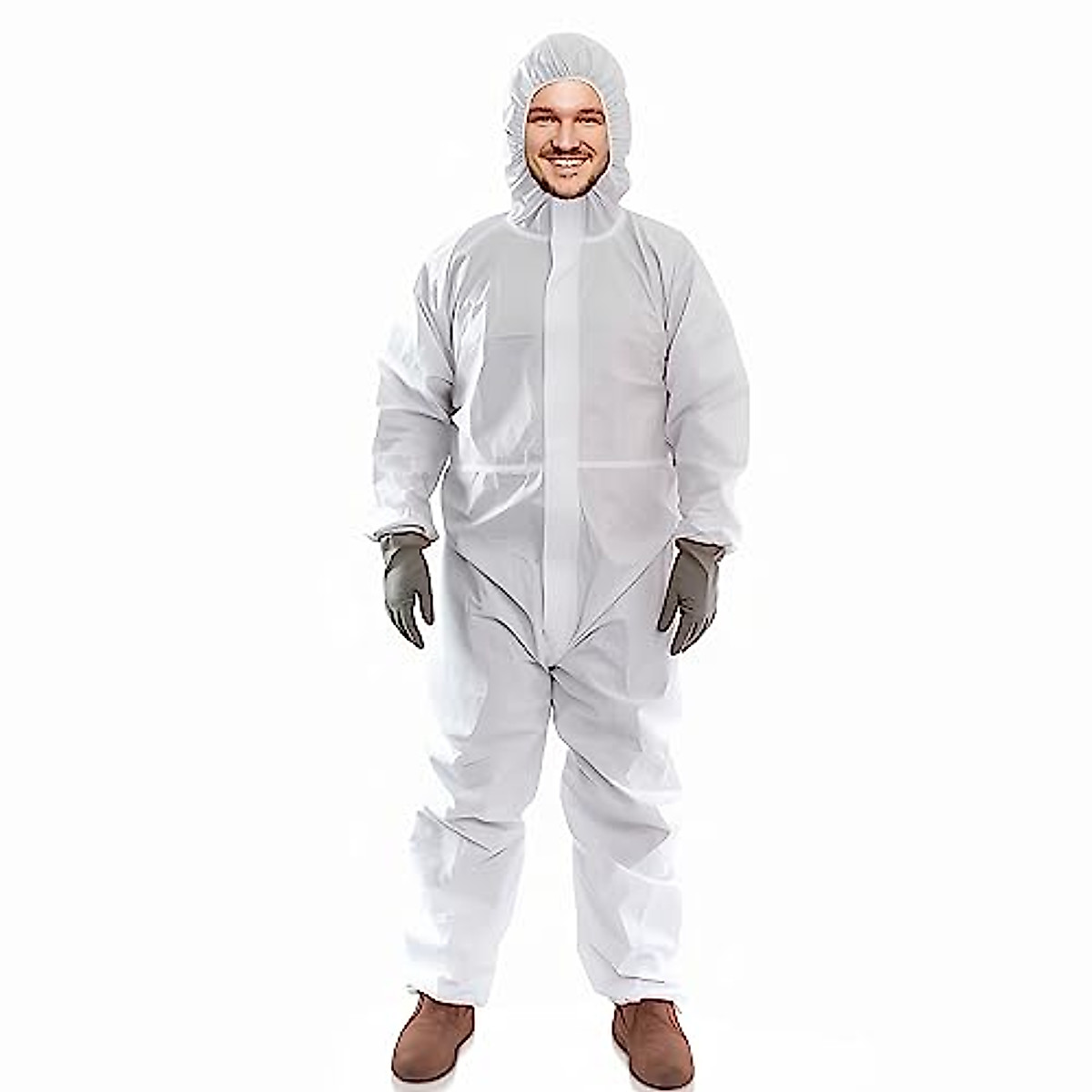 AMZ Disposable Coveralls with Hood, X-Large. Pack of 5 White Microporous Lab Coveralls Disposable. 60 GSM Painters Suit Disposable with Storm Flap Zipper Cover. Painters Suit Disposable. Hazmat Suit