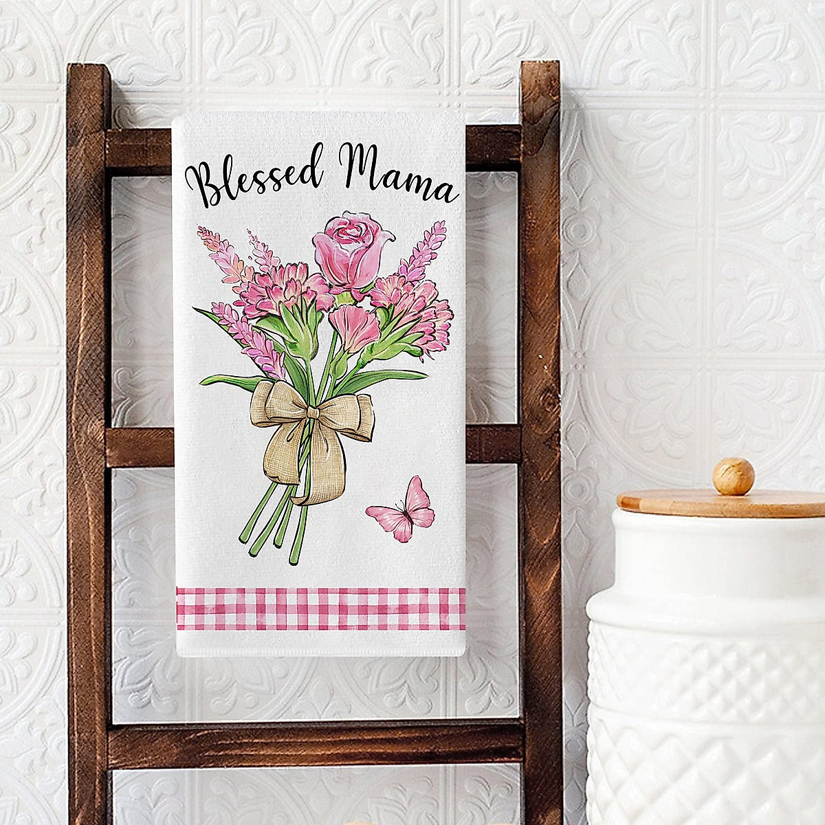 Seliem Mother's Day Truck Flower Kitchen Dish Towel Set of 2, Best Mom Ever Carnation Rose Bouquet Hand Towel Buffalo Plaid Drying Baking Cooking Cloth, Blessed Mama Holiday Kitchen Gift 18x26 Inches