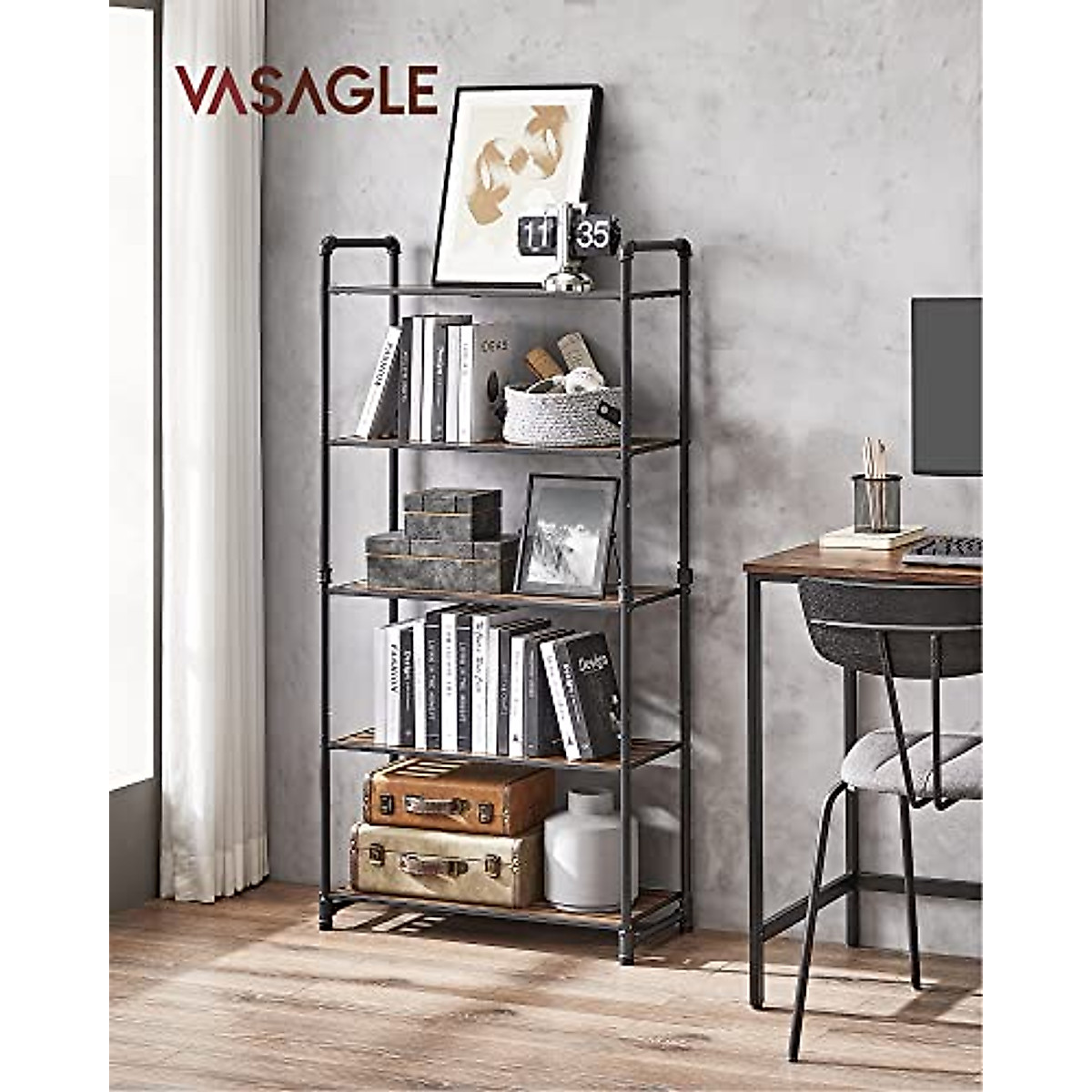 VASAGLE Bathroom Shelves, 5-Tier Storage Rack, Plant Flower Stand, 24.4 x 12.2 x 51 Inches, for Living Room, Balcony, Kitchen, 12.2”D x 24.4”W x 51”H, Rustic Brown + Black