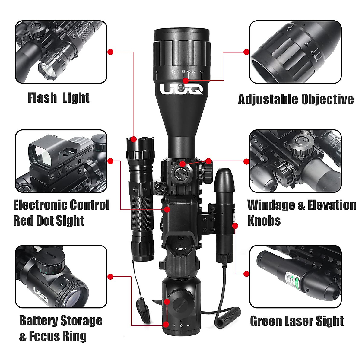 UUQ 4-16X50 AO Rifle Scope Red/Green Illuminated Range Finder Reticle W/Green Laser - Holographic Reflex Red Dot Sight - 5 Brightness Modes Flashlight (4-16X50 AO)