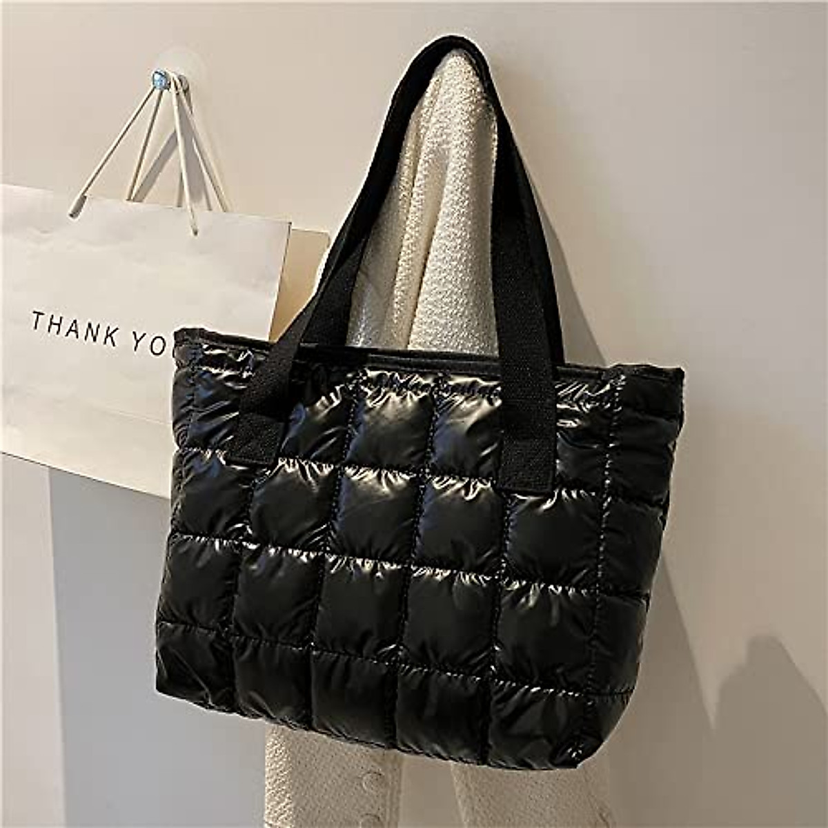 JOYART Women's Tote Bag-Casual Quilted Handbag Fashion Shoulder Bag with Zipper for Office, Travel, School-Large Capacity, Black