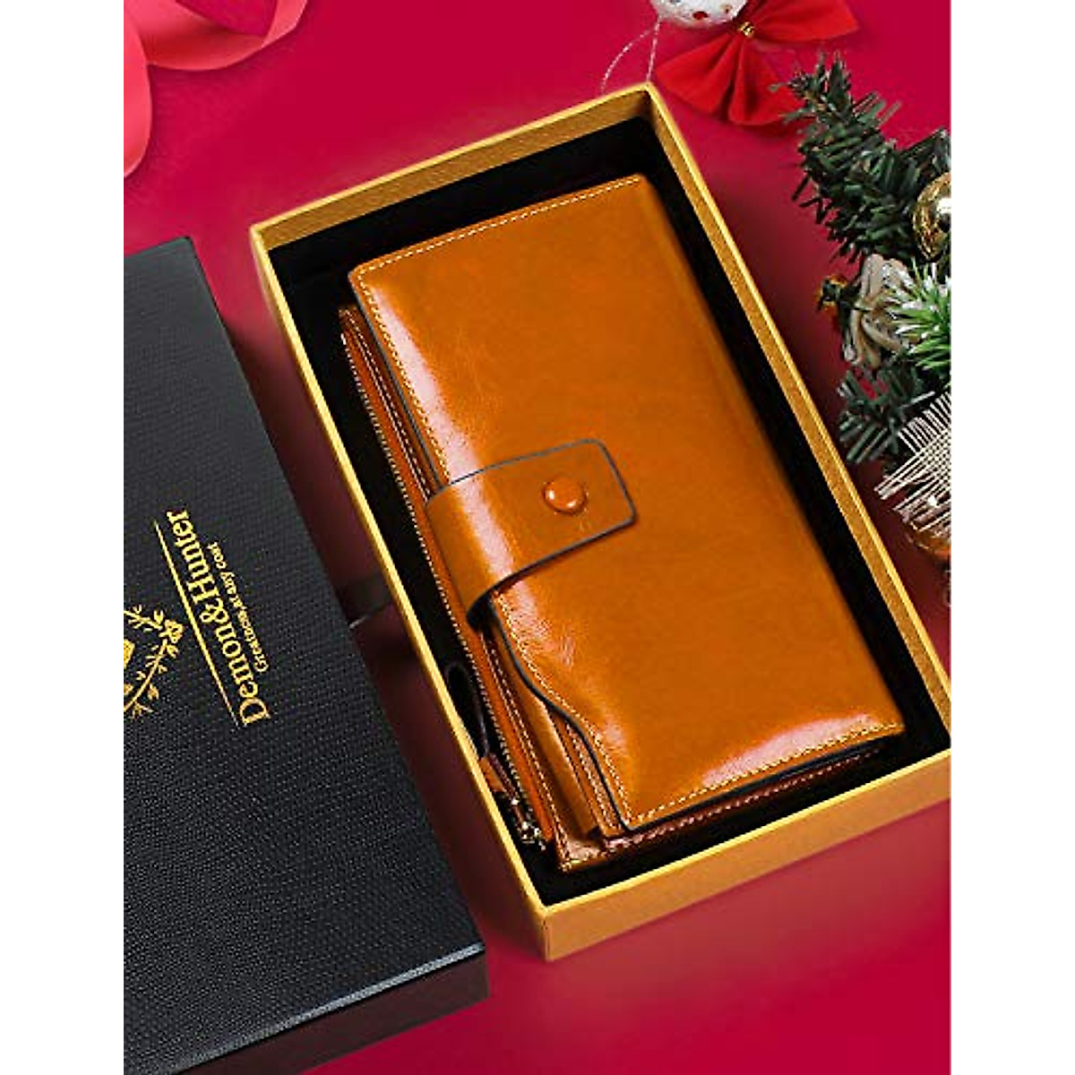 Demon&Hunter Women's RFID Blocking Large Capacity Luxury Wax Genuine Leather Purse Wallet DZA2083 (One Size, Orange)