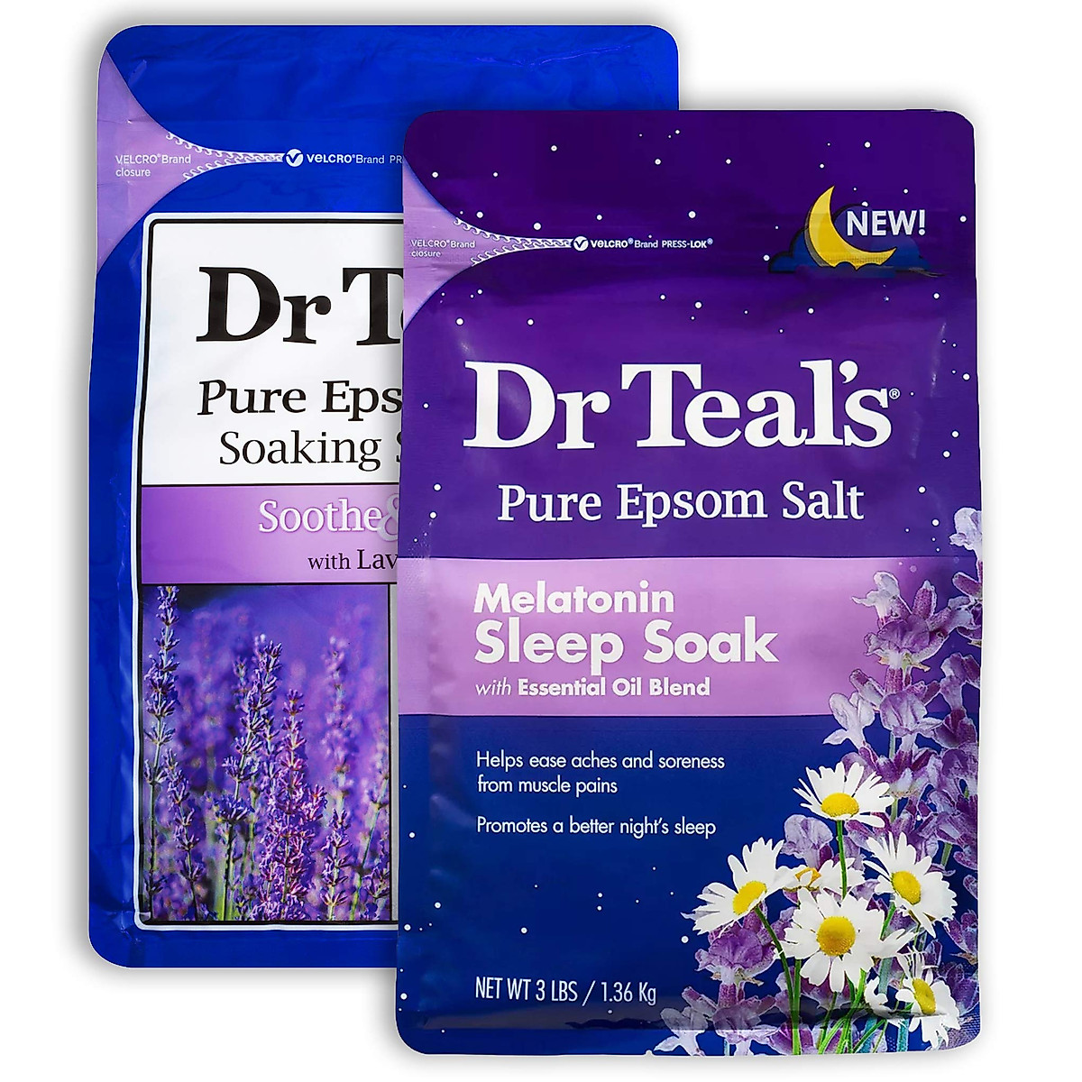 Dr Teal's Lavender & Melatonin Bath Soak Variety Gift Set (2 Pack, 3lb Ea.) - Soothe & Sleep Lavender, Melatonin Sleep Soak - Essential Oils Blended with Epsom Salt Ease Pain & Promote Better Sleep