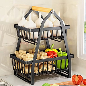 ZUOVAOV 2 Tier Countertop Fruit Basket, Removable Metal Rectangular Wire Basket, Black Vegetable Bread Basket Storage Rack, Kitchen Table Top Fruit Bowl (Black)