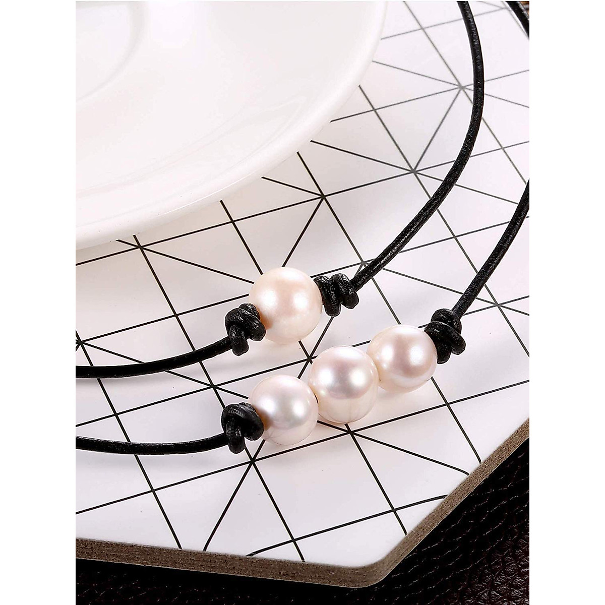 MauSong 2 Pieces Single Freshwater Pearl Necklace and 3 Freshwater Pearl Beads Choker on Black Leather Cord for Women