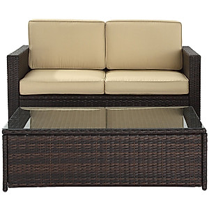 Crosley Furniture Palm Harbor 2-Piece Wicker Outdoor Coffee Table and Loveseat Patio Furniture Set for Porch, Brown with Sand Cushions
