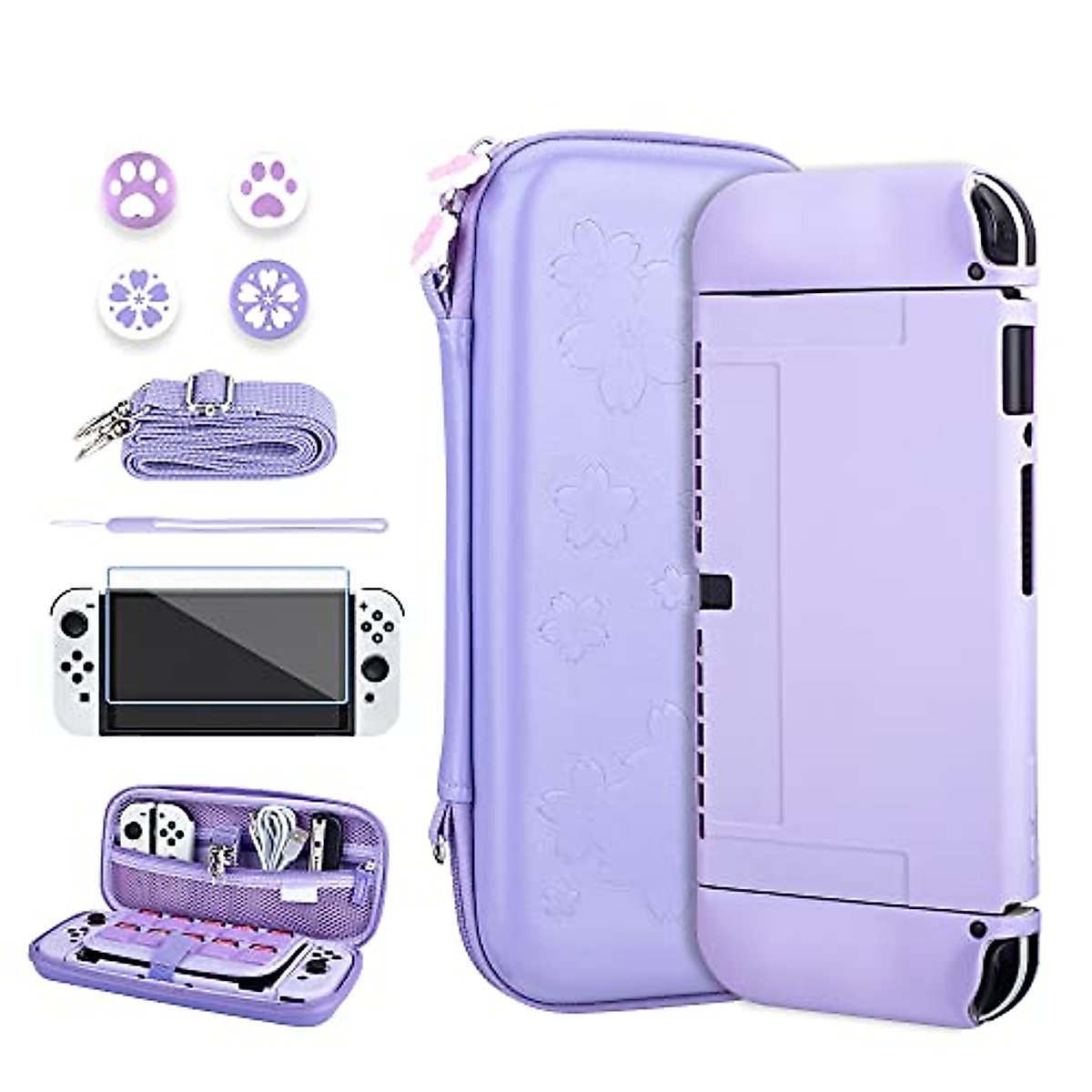 RHOTALL Solid Color with Sakura Embossing Carrying Case for Nintendo Switch OLED, Potable Case for Switch OLED with Soft Case, Screen Protector, 4 Thumb Caps, Wrist band and Shoulder strap - Purple
