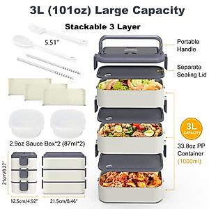 Kenuket Bento Box Lunch Box, Adult Lunch Container with 3L Large Capacity, Microwave Safe 3 Layers Stackable Lunch Box, Leakproof Food Container with Dividers and Sauce Boxes for Kids and Adults