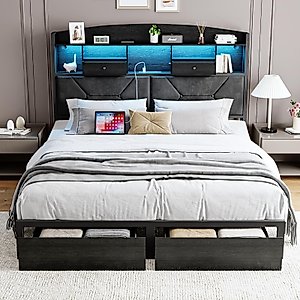 DOGIBIXO Queen Size Black Bed Frame with 4 Storage, Upholstered Velvet Platform Bed Frames with Button Tufted Headboard Led Lights, Wooden Slats Support, No Box Spring Needed, Black
