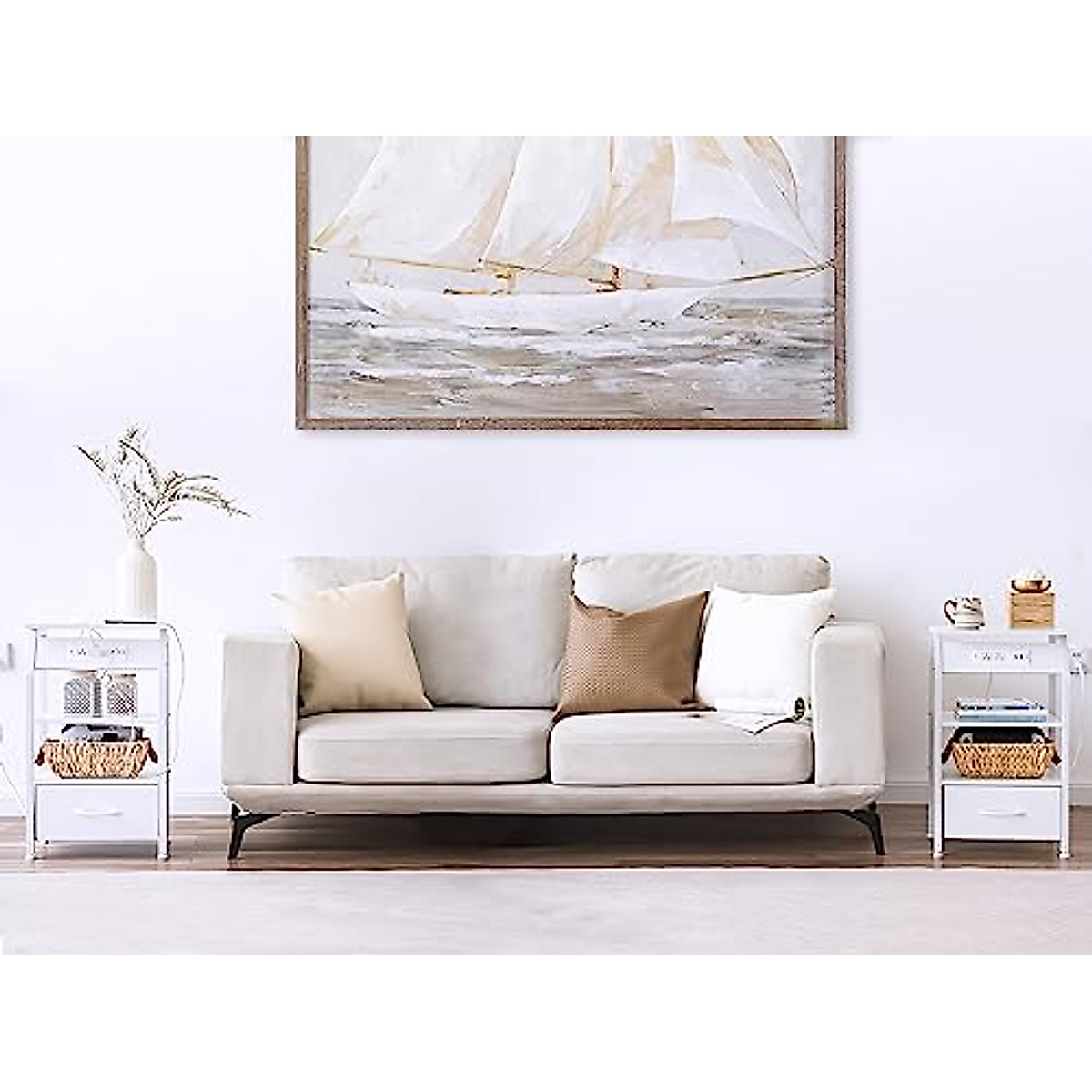 Labcosi White Nightstands with Fabric Drawer, 25" Tall Bedside Table with Charging Station, Bedroom End Tables and Dresser, 2 Pack