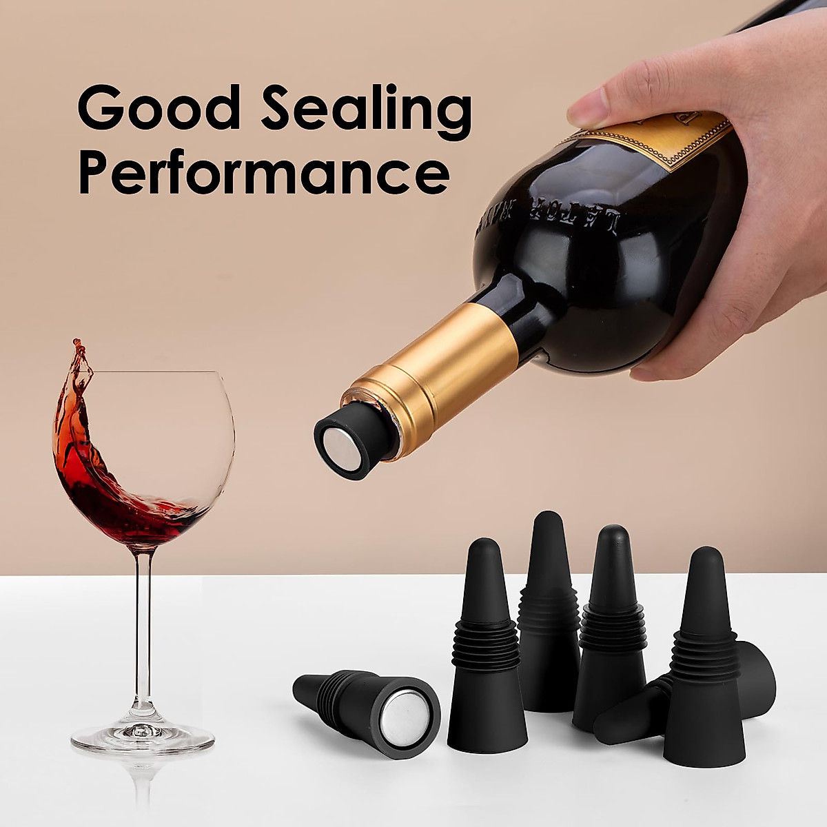 BULUMIOO 6 PCS Black Silicone Wine Stoppers with Threaded Seal Ring and Stainless Top - Suitable for Wine and Beverage Bottles - Keeping Wine or Beverage Fresh…