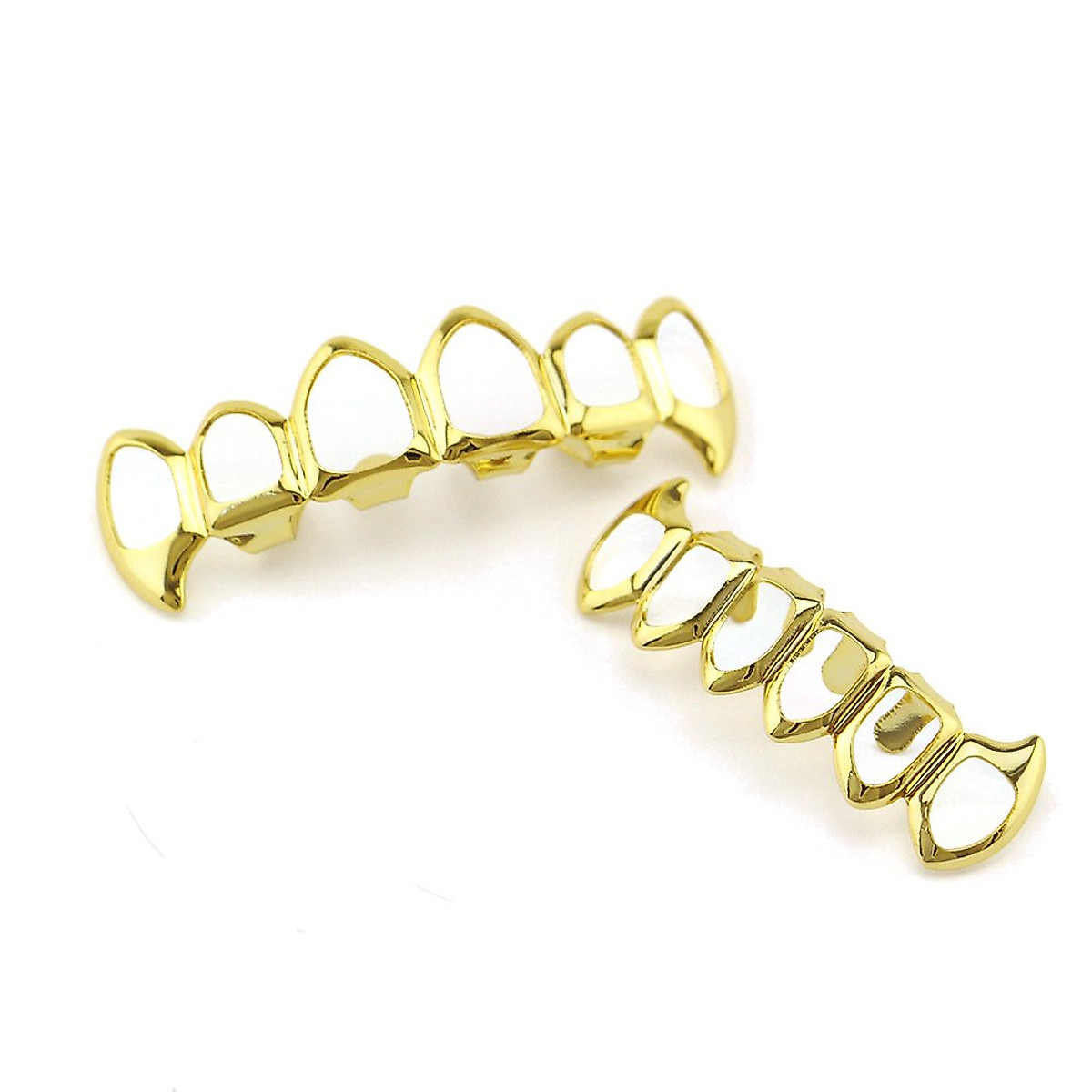 Psivika Gold Plated Shiny Hip Hop Teeth Grillz Caps Iced Out CZ Top and Bottom Vampire Fangs Grillz for Men and Women (Gold)